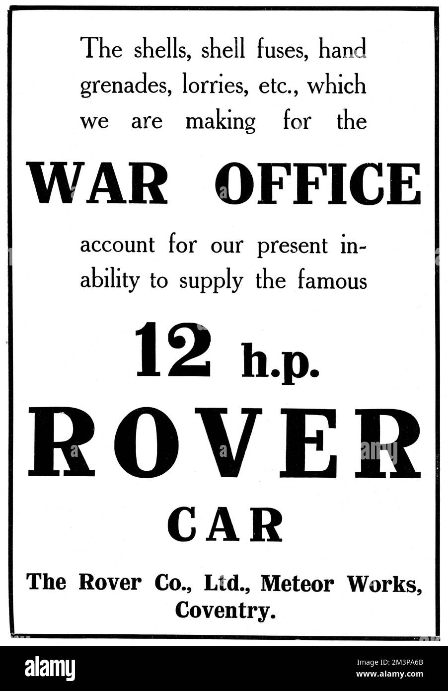 WW1 advertisement, Rover Company making munitions Stock Photo - Alamy