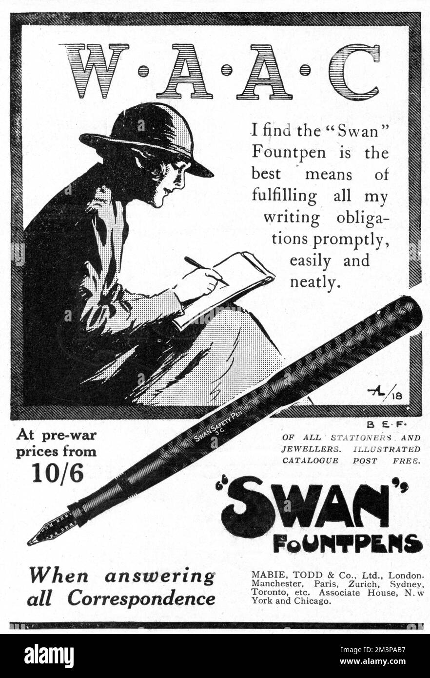 Swan Fountpen advert featuring WAAC girl, WW1 Stock Photo - Alamy