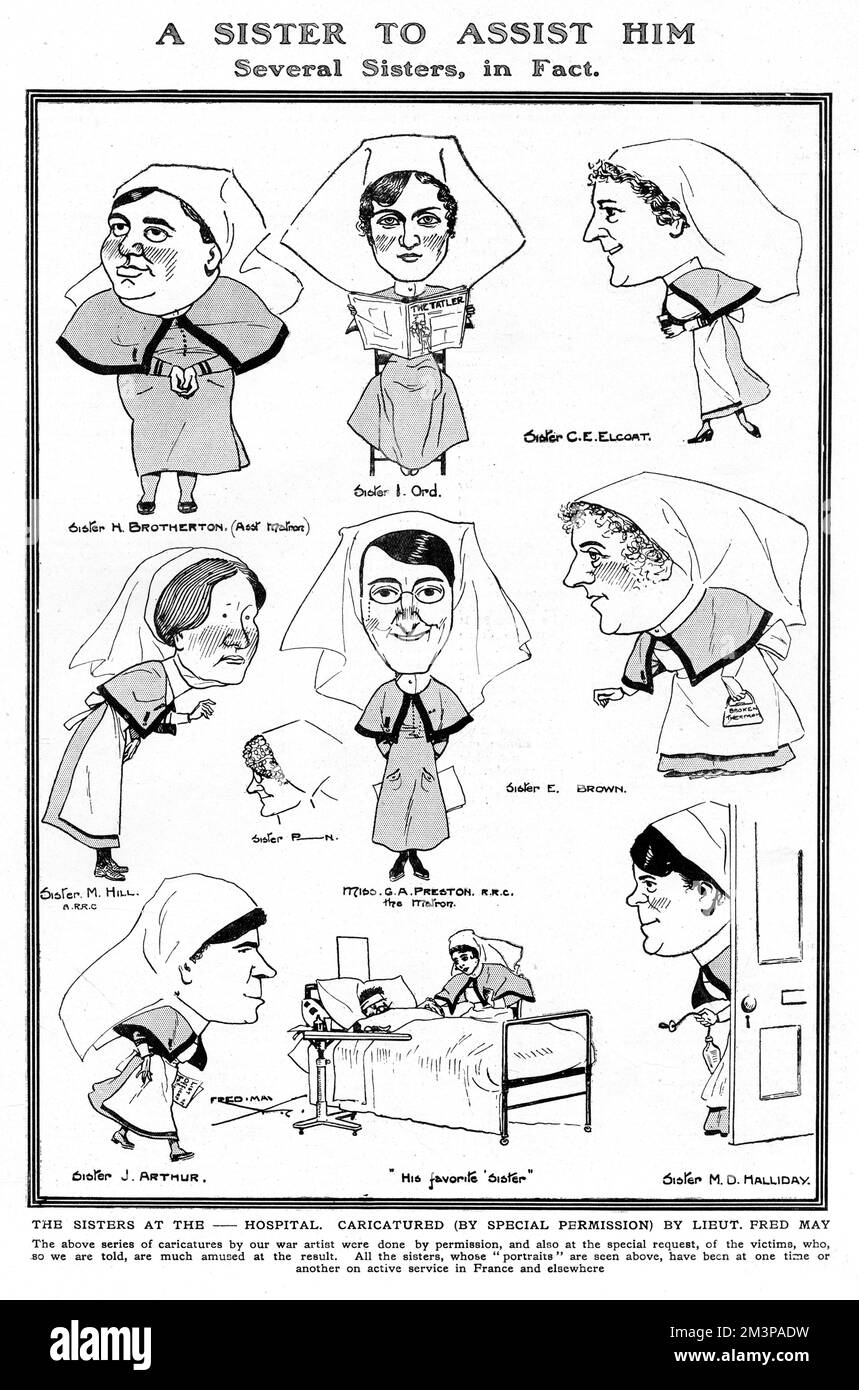 Nursing caricatures by Fred May, WW1 Stock Photo - Alamy