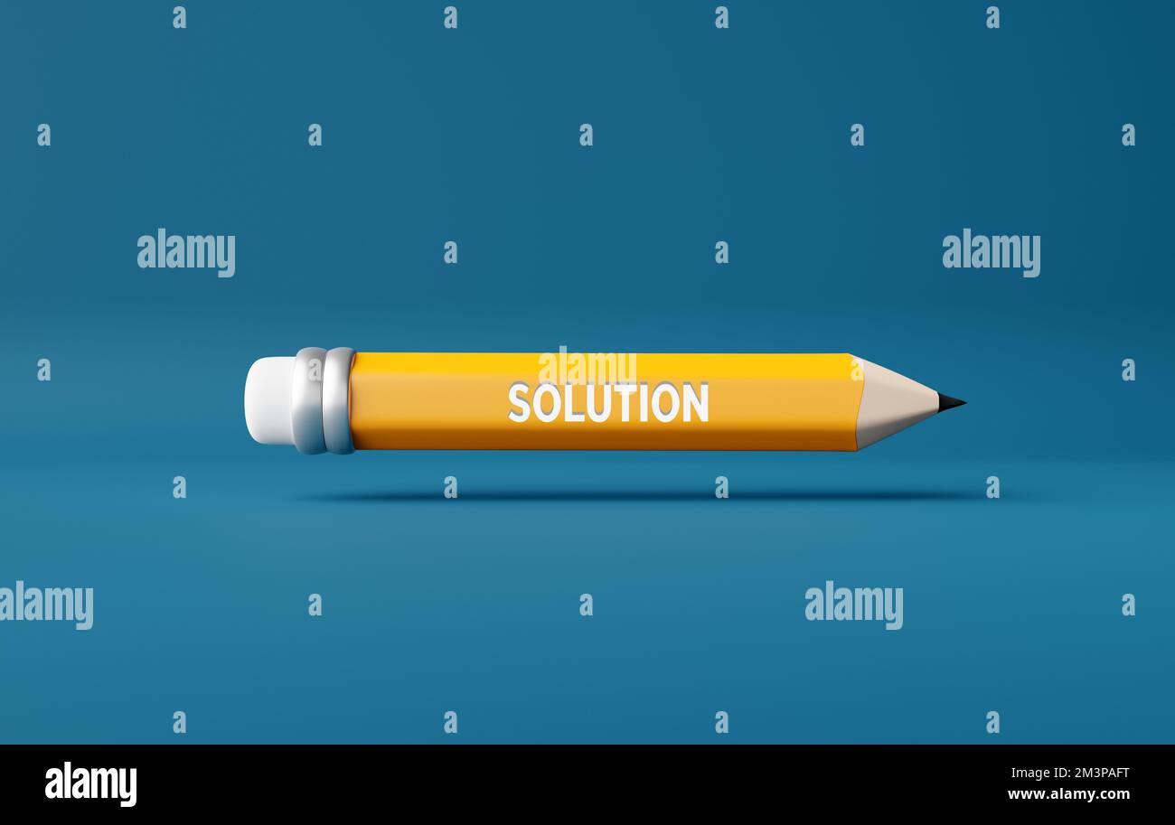The word Solution on a levitating wooden pencil on blue background. To ...