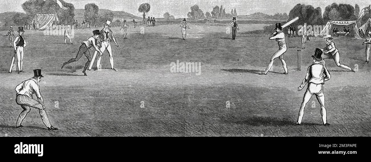 A county cricket match in progress in costumes of the period Stock ...