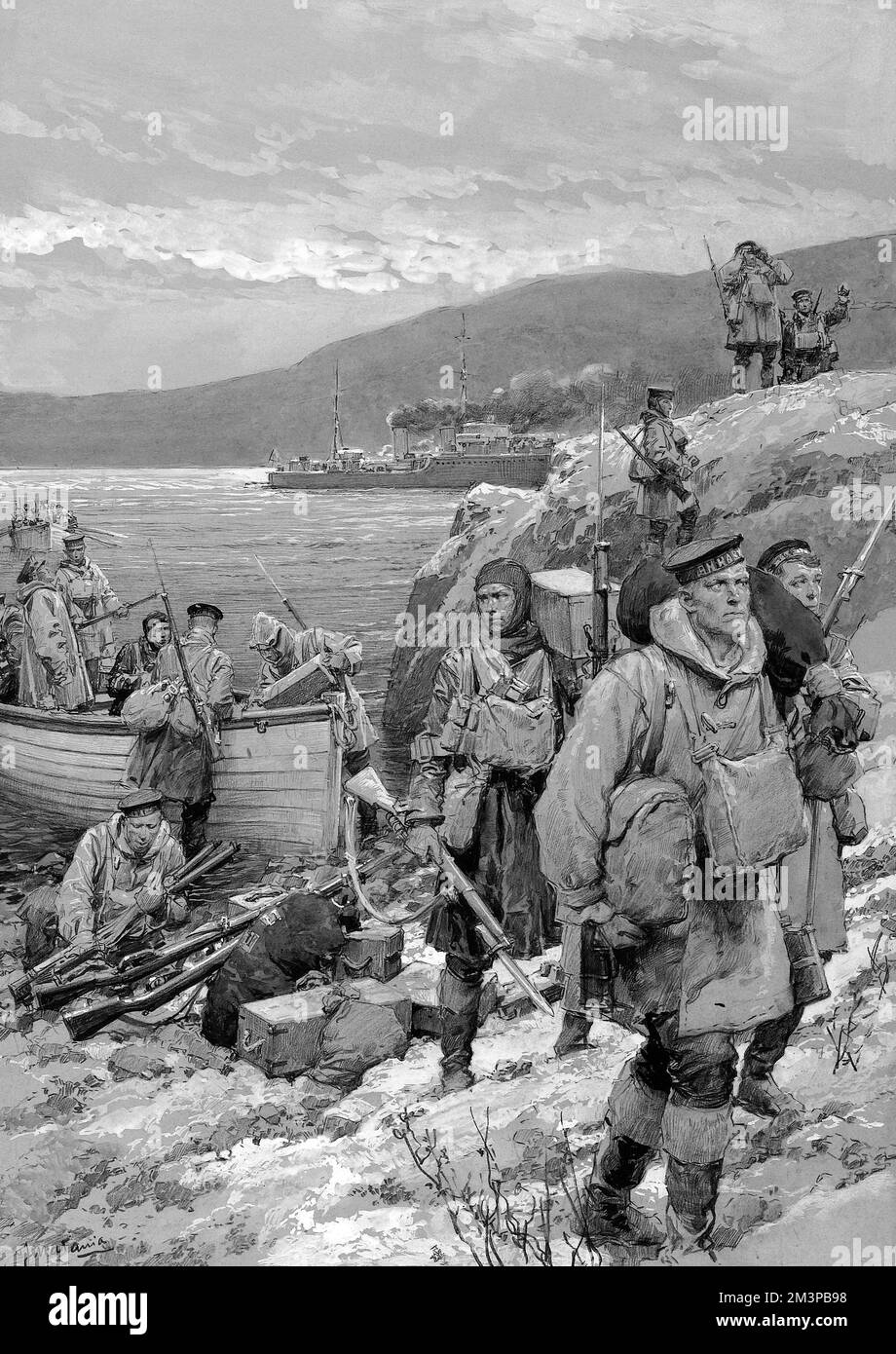 Sailors landed on a beach from a rowing boat, with a large ship in the ...