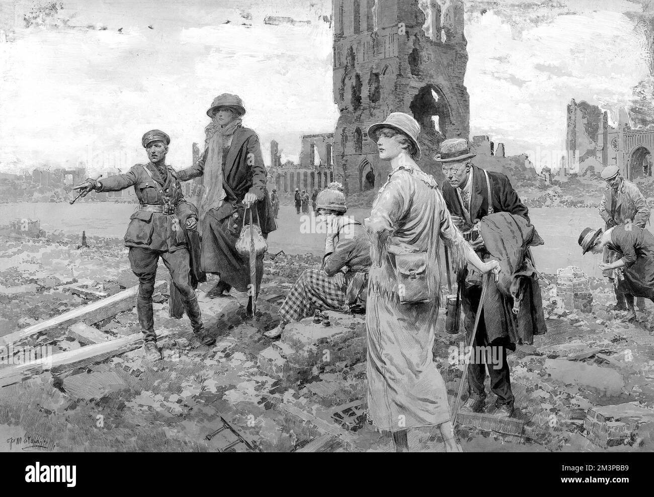 Civilians and a soldier viewing war damage on the Western Front after ...