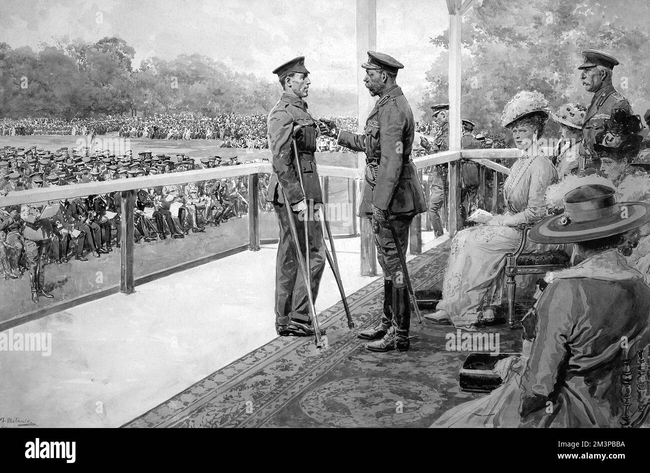 George V awarding medal to wounded soldier, WW1 Stock Photo - Alamy