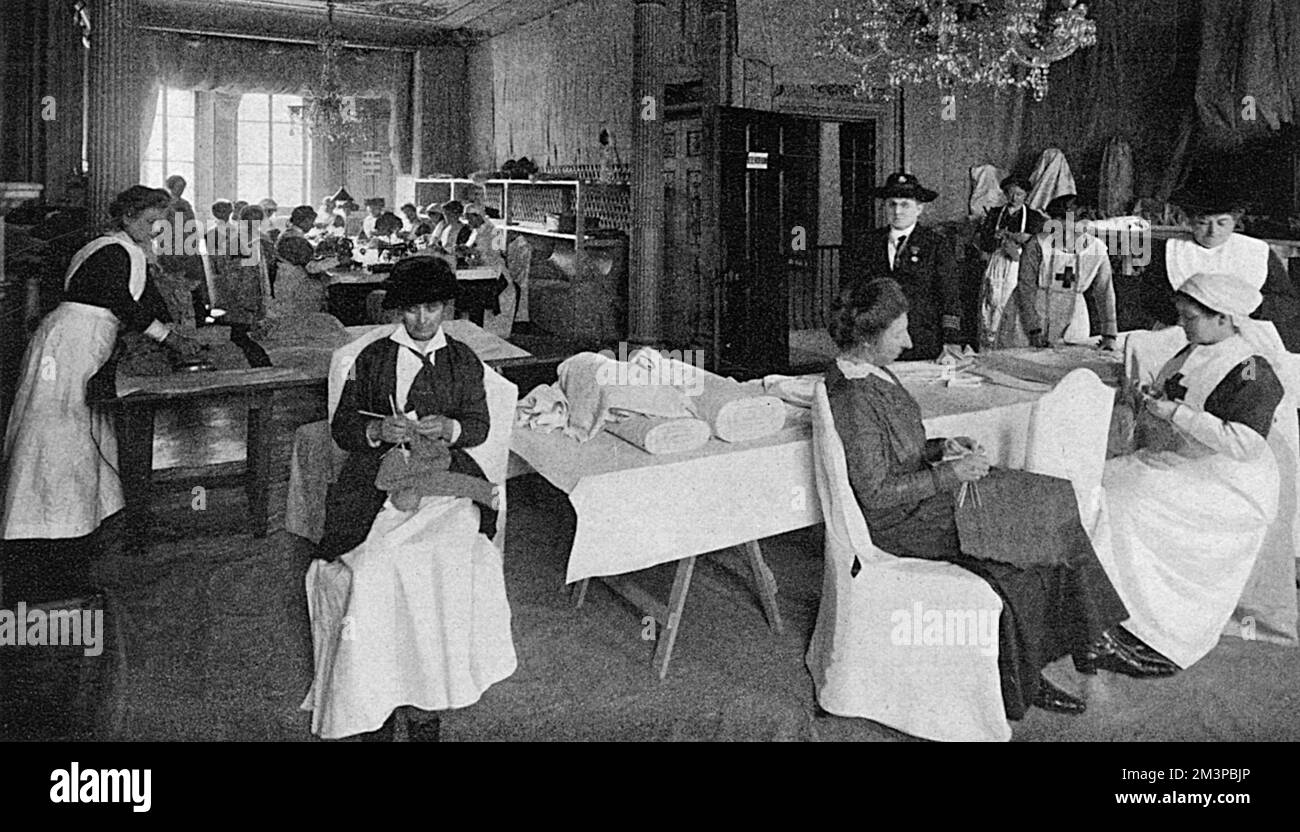 Needlework room at Red Cross Society workroom, WW1 Stock Photo - Alamy