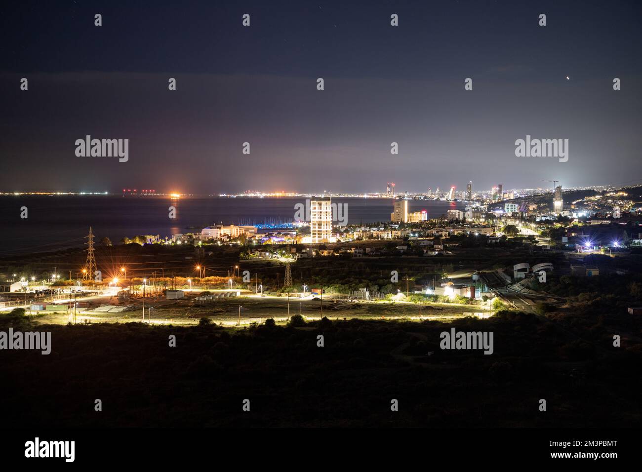 Nighttime photography in Cyprus, Limassol. Sea, ships, old new ports ...
