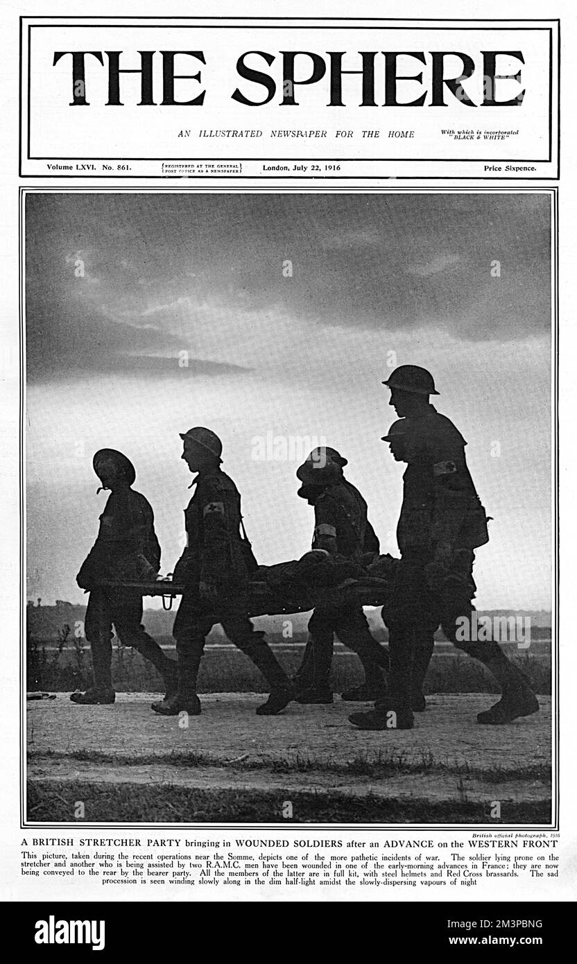 Front cover of The Sphere featuring a British stretcher party bringing ...