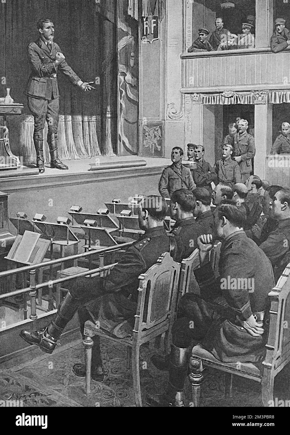 A lecture on scouting by a British officer in a small theatre behind ...