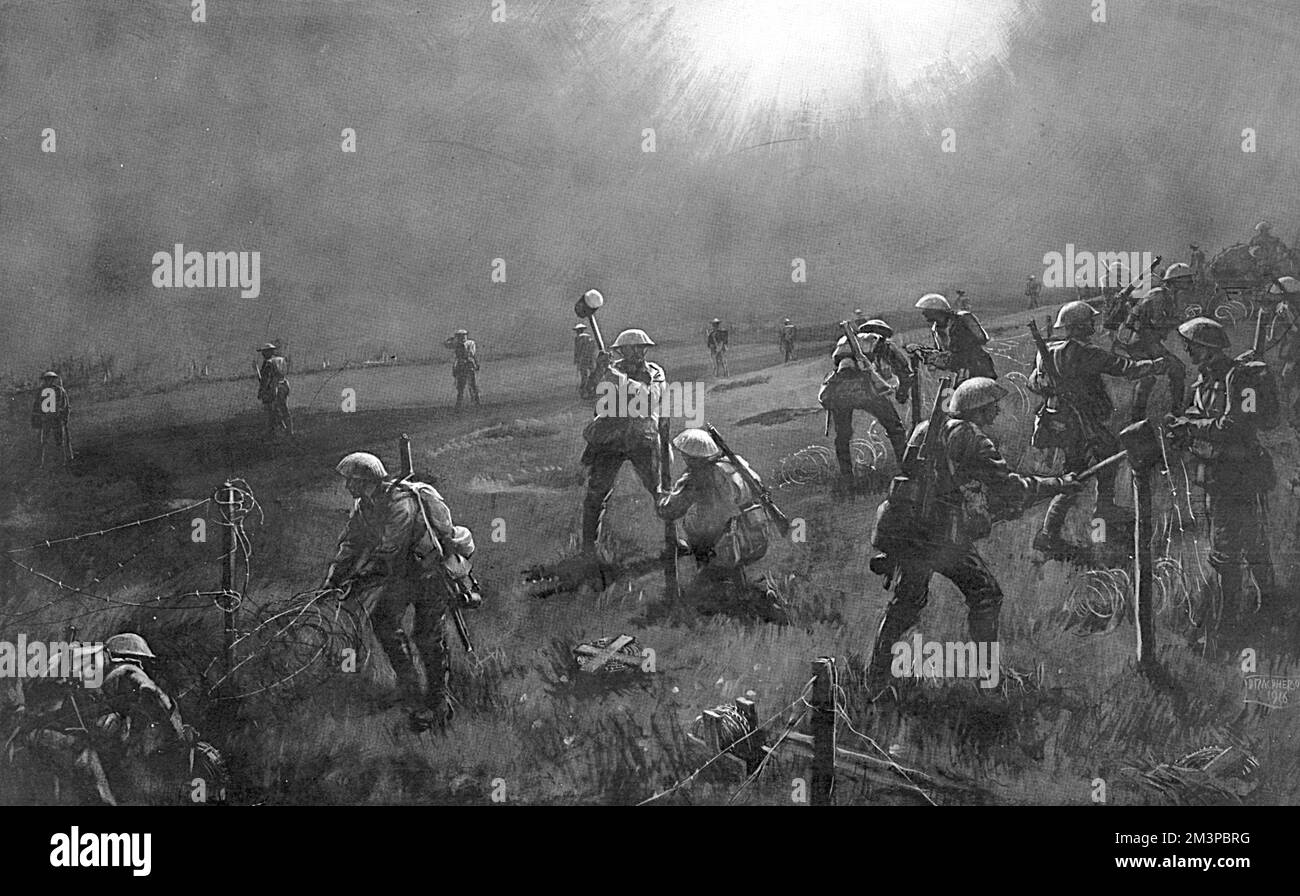 Barbed wire party freeze under enemy star shell, WW1 Stock Photo - Alamy
