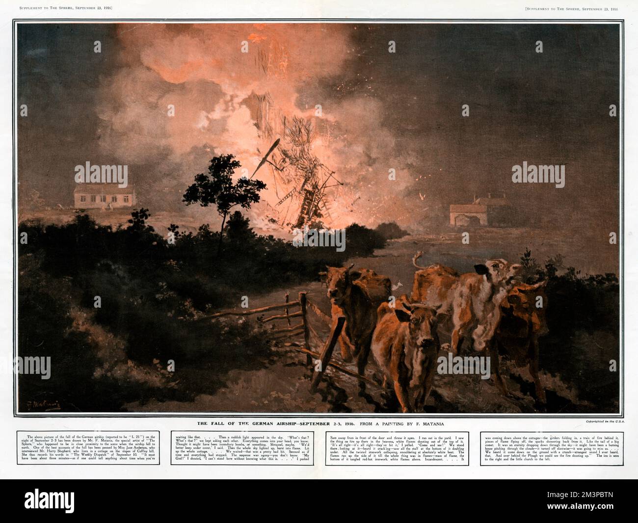 The Fall of the German airship L-21 by Fortunino Matania,WW1 Stock ...