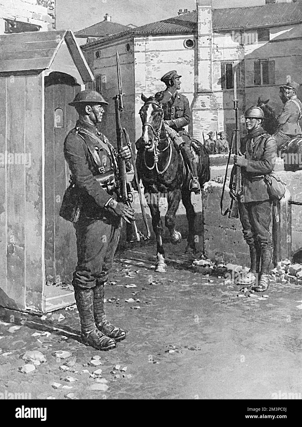 British and Italian sentries in Italy by Matania, WW1 Stock Photo - Alamy