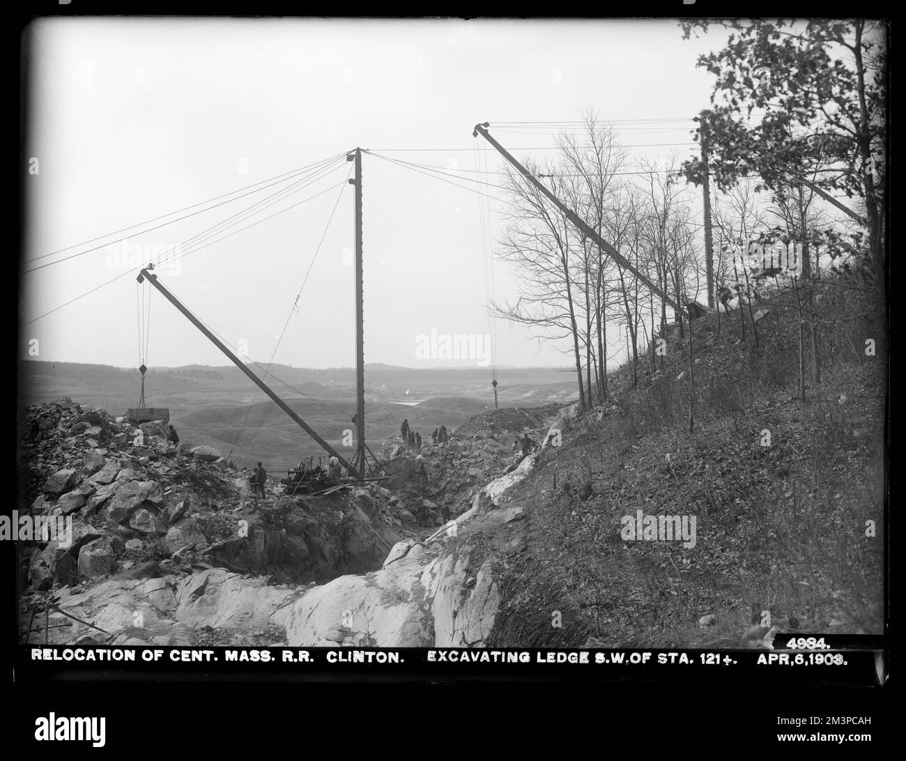 Relocation Central Massachusetts Railroad, excavating ledge, southeast ...