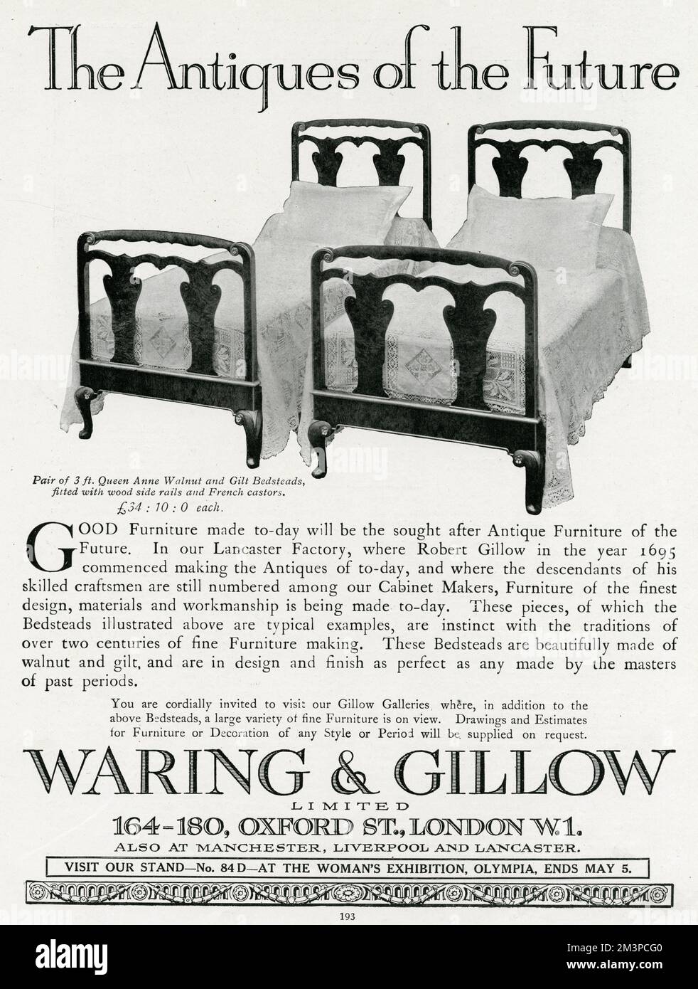 Advert for Waring & Gillow twin beds 1923 Stock Photo - Alamy