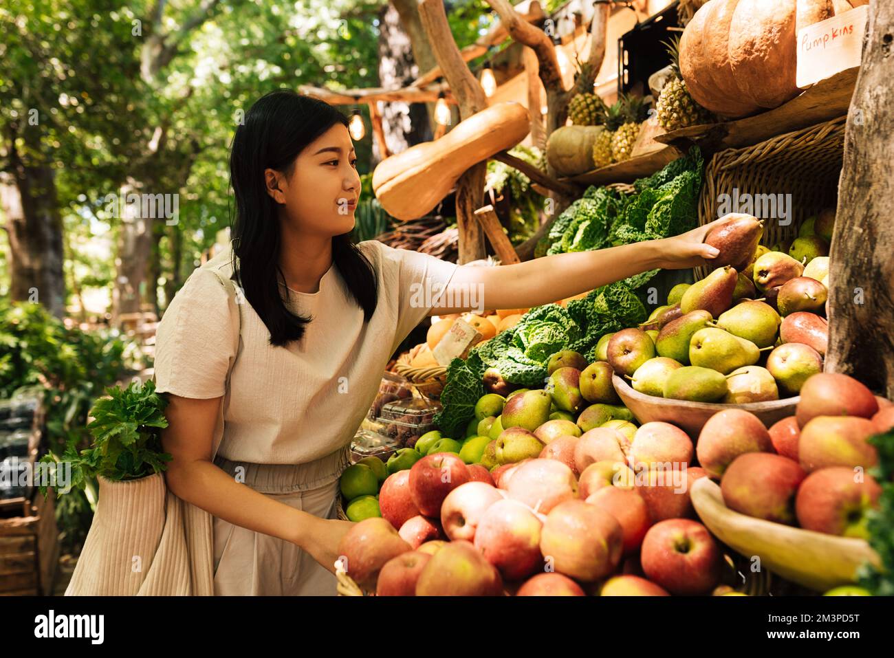 Woman buying fruits on a street market. Asian female choosing fruits at ...