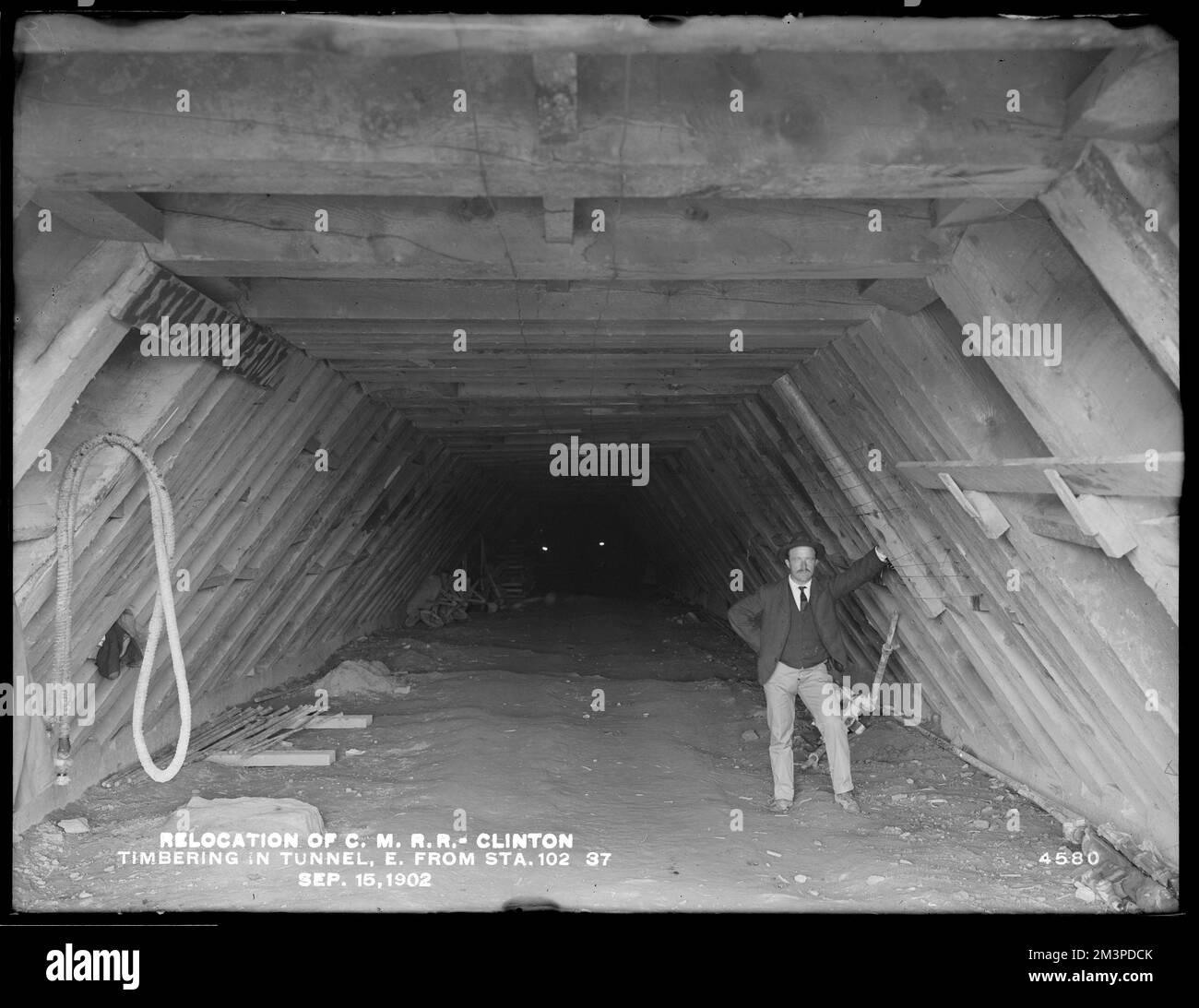 Relocation Central Massachusetts Railroad, timbering in tunnel, east ...