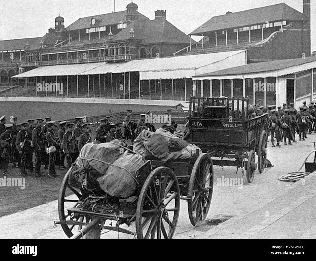 Soldiers mobilising and marching with their supplies at the Oval ...