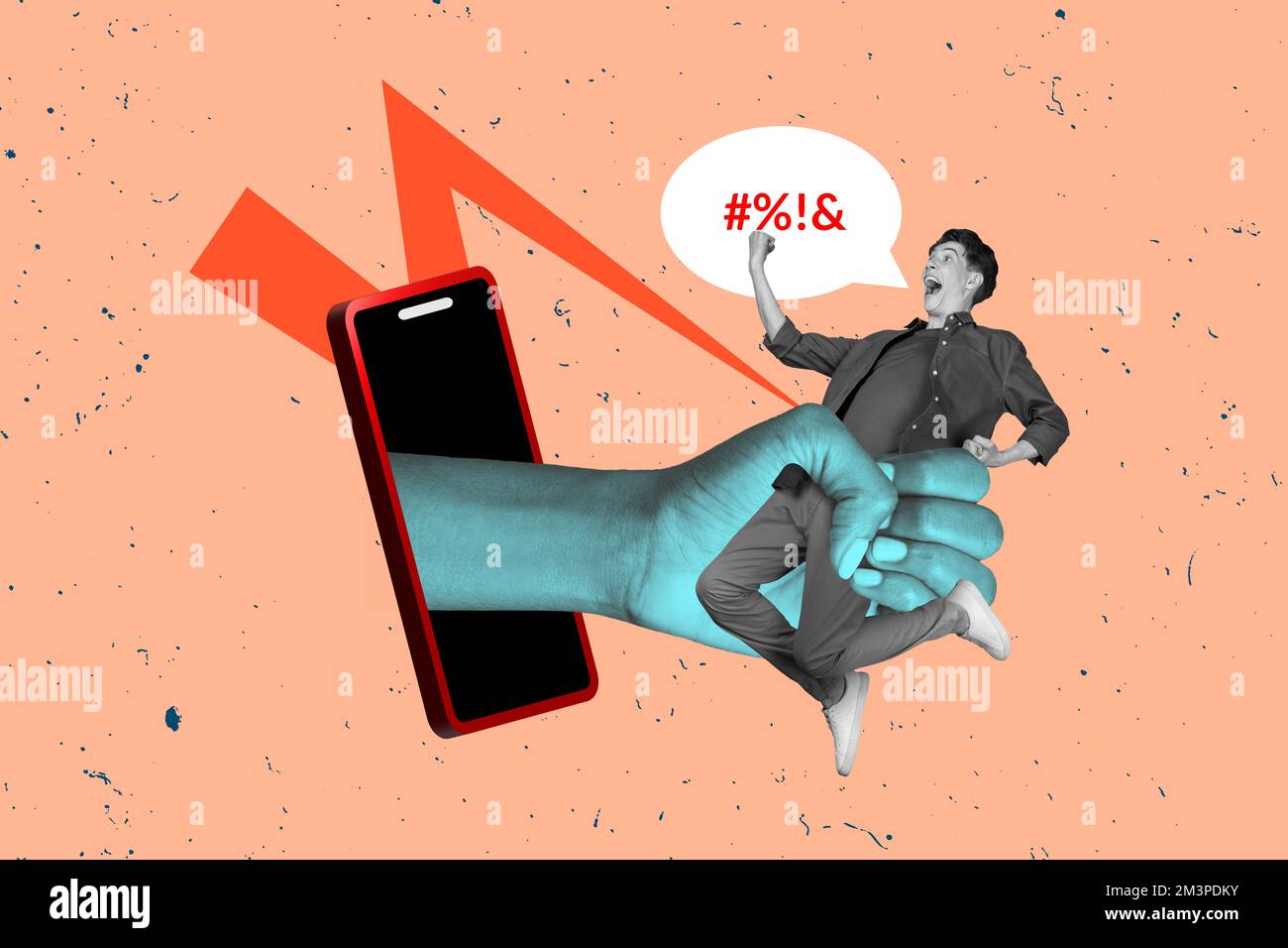 Vertical collage picture of big arm inside telephone screen hold catch ...