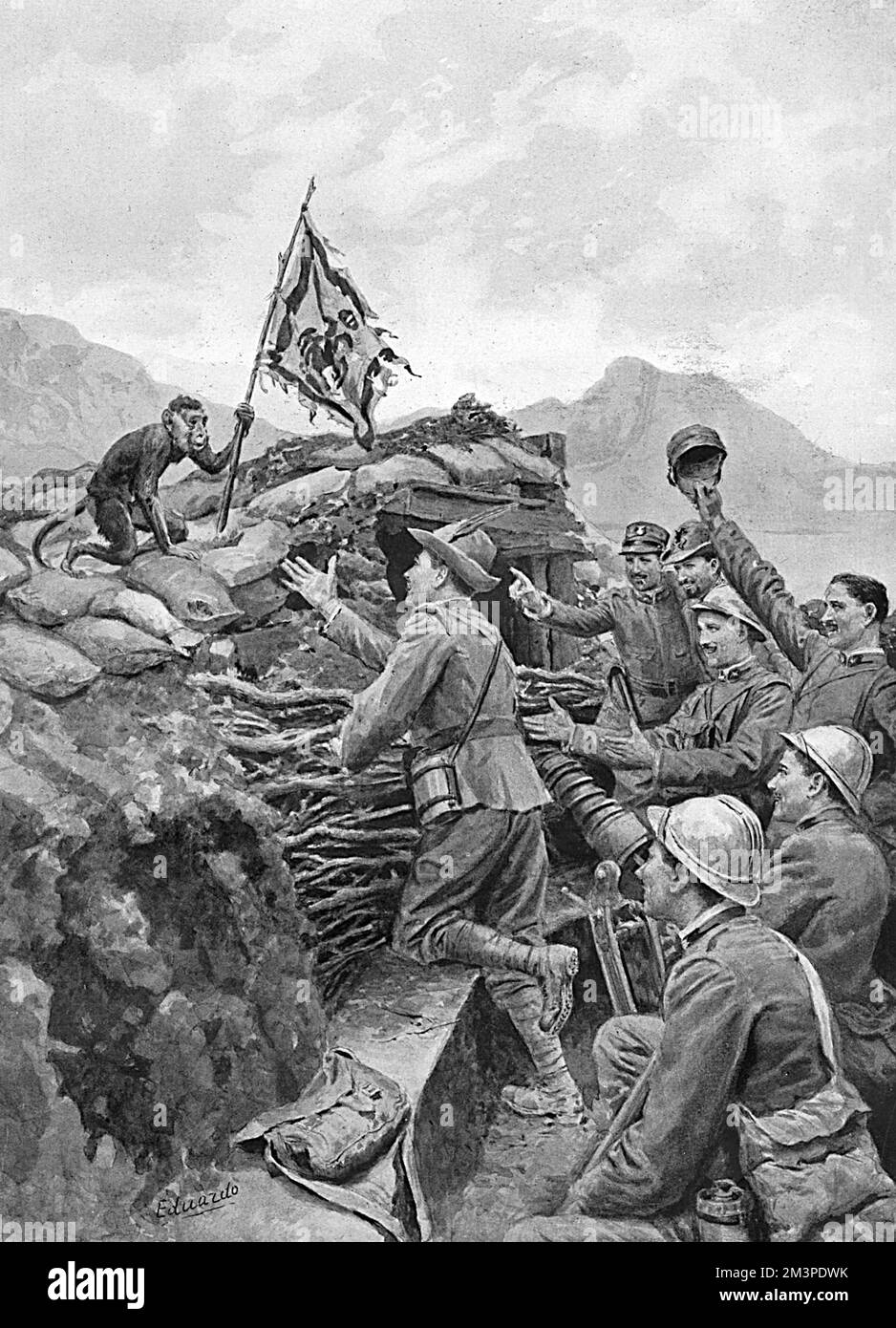 Monkey mascot steals enemy flag, WW1 Stock Photo - Alamy