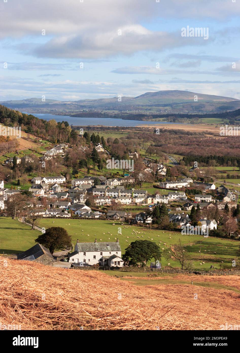 The lake district village of Braithwaite seen from above with ...