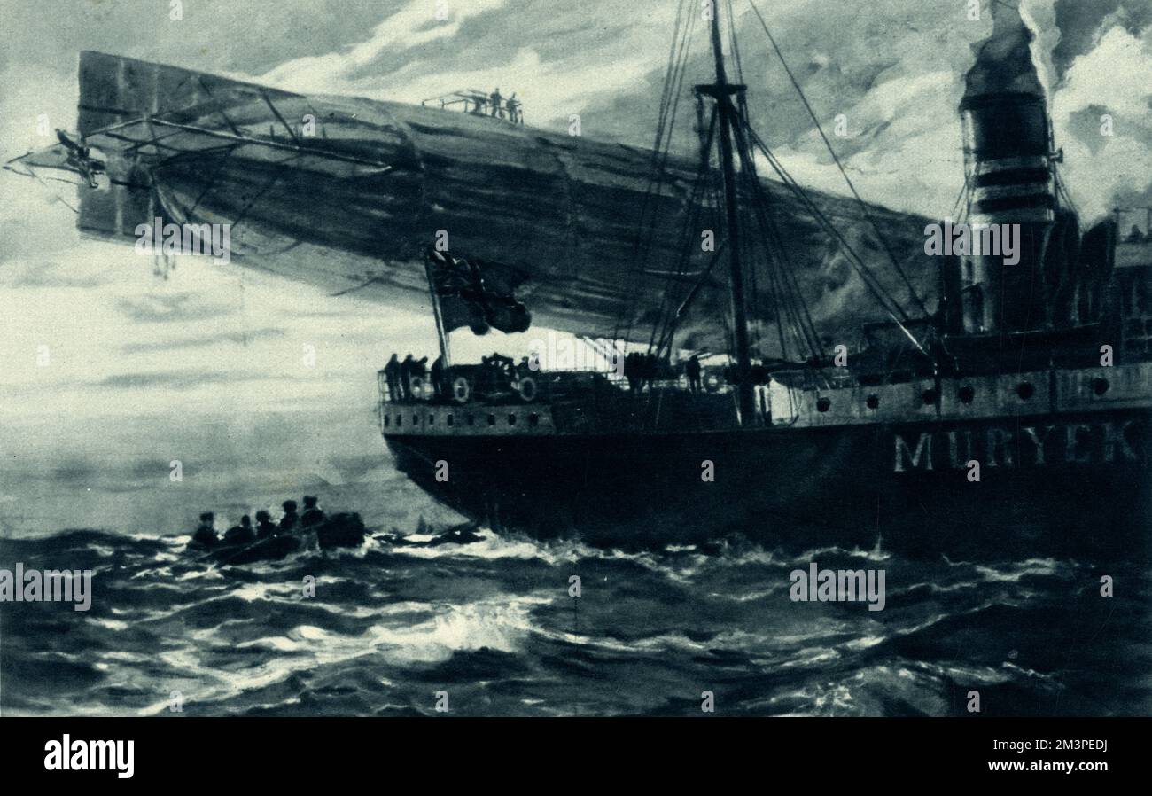 WW1 - Zeppelin holding up Norwegian Vessel, North Sea, 1915 Stock Photo ...