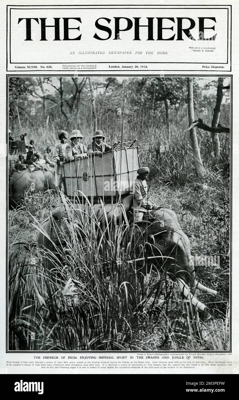 Front cover photograph of 'The Sphere', showing King George V seated on ...