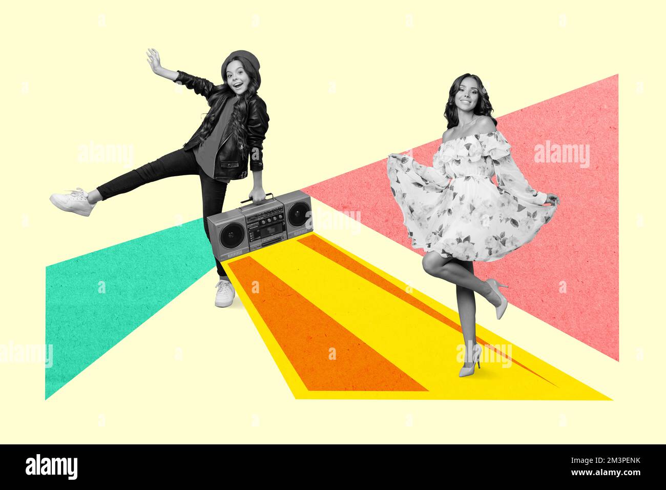 Collage photo of teenager schoolgirl hold retro boombox listen music ...