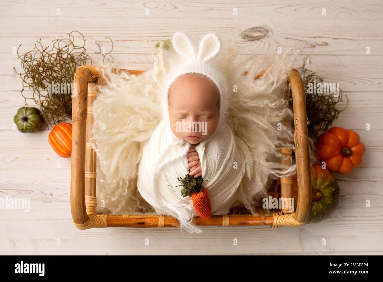 A tiny newborn boy in a white cocoon in a wooden basket against a light ...