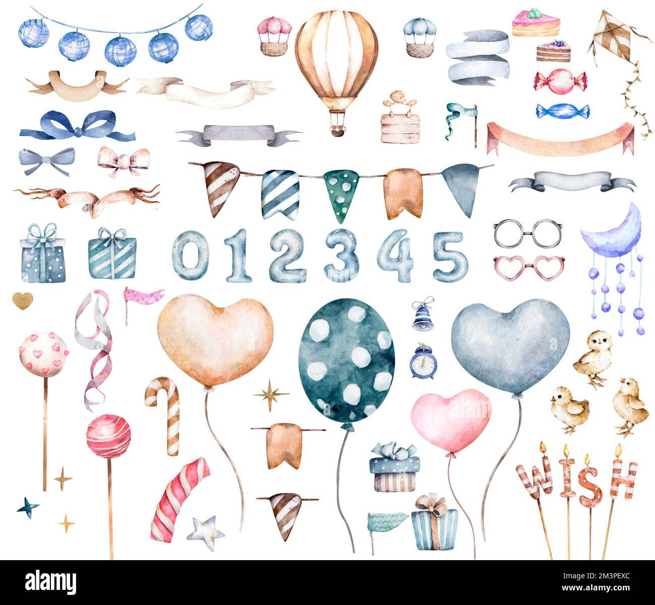 Party decorations watercolor illustration. Cartoon holiday elements set ...