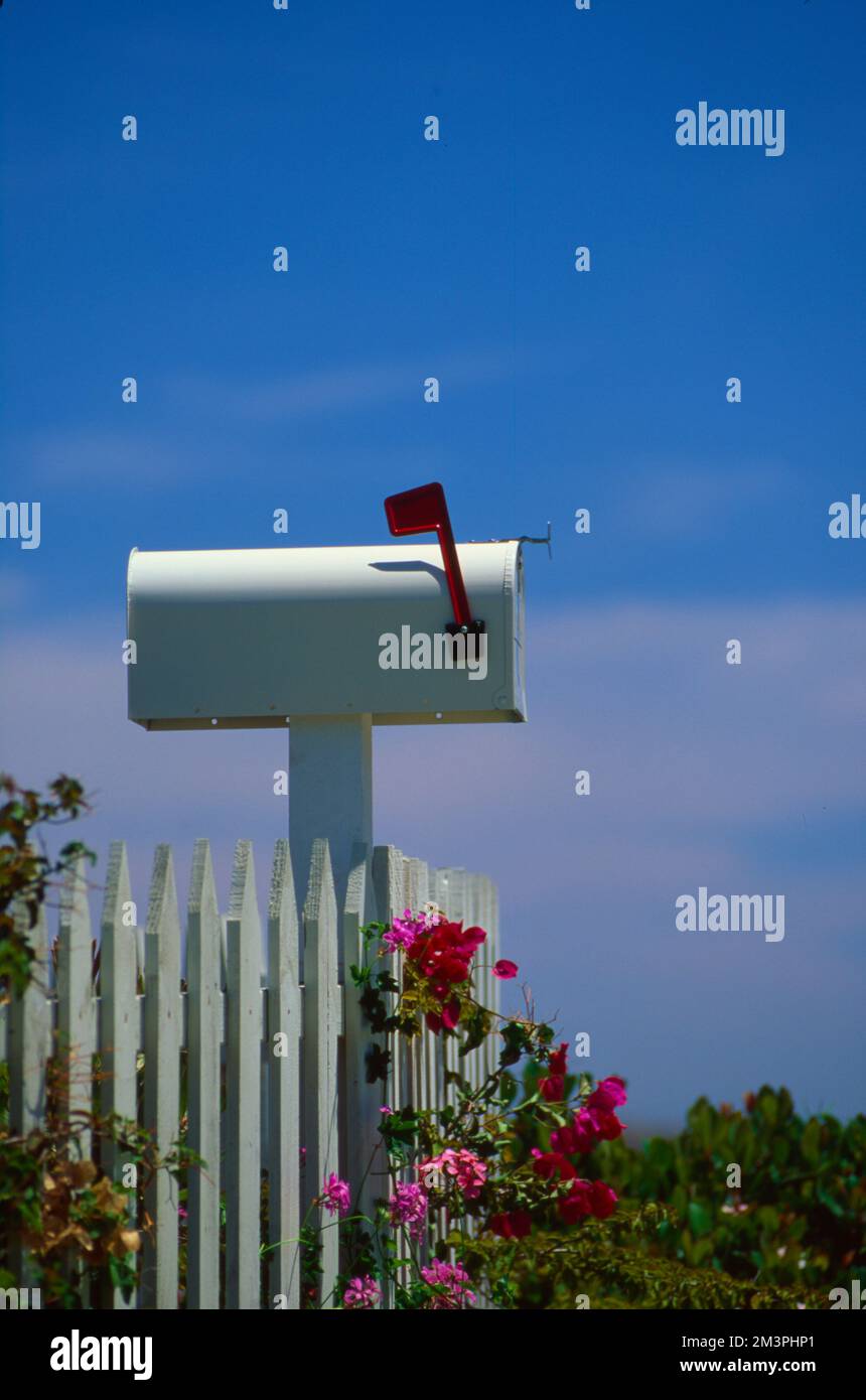 Still life shot of white mailbox along a picket fence with flowers ...