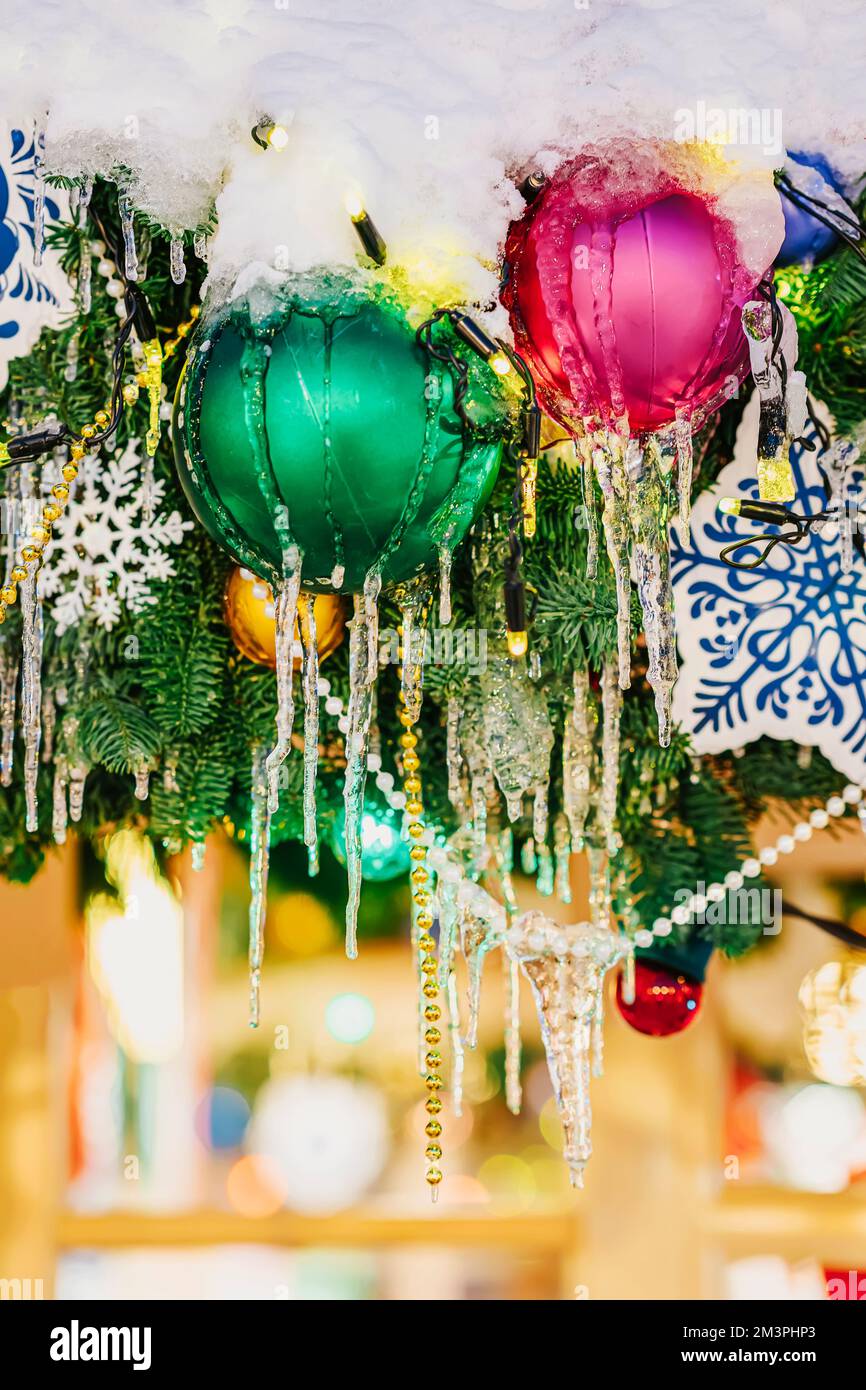 Snow and icicles on street decorative ornaments, garland. Christmas ...