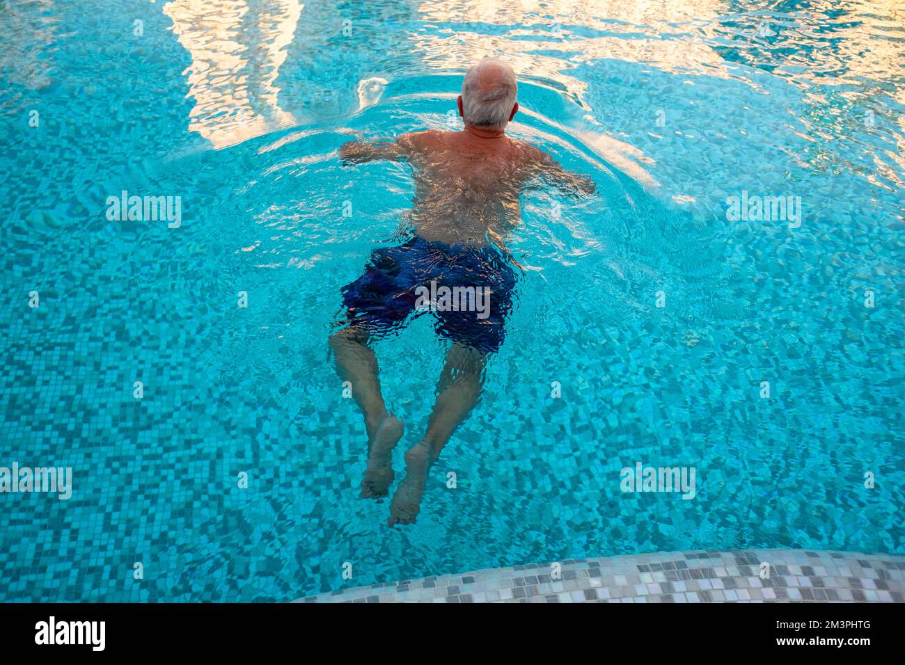 Solitary older man swimming in a swimming pool viewed from behind Stock ...