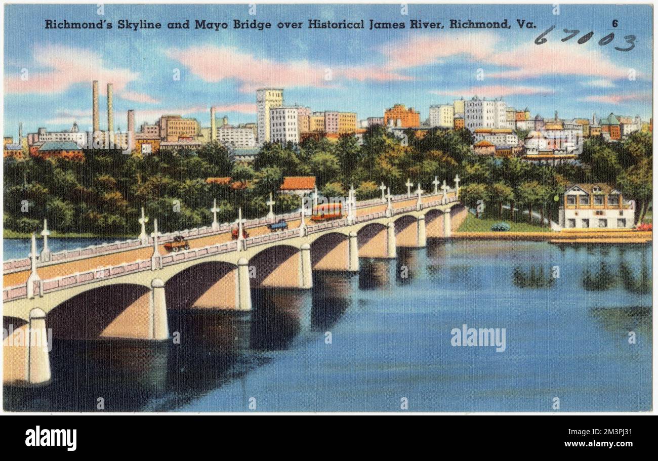 Richmond's skyline and Mayo Bridge over historical James River ...
