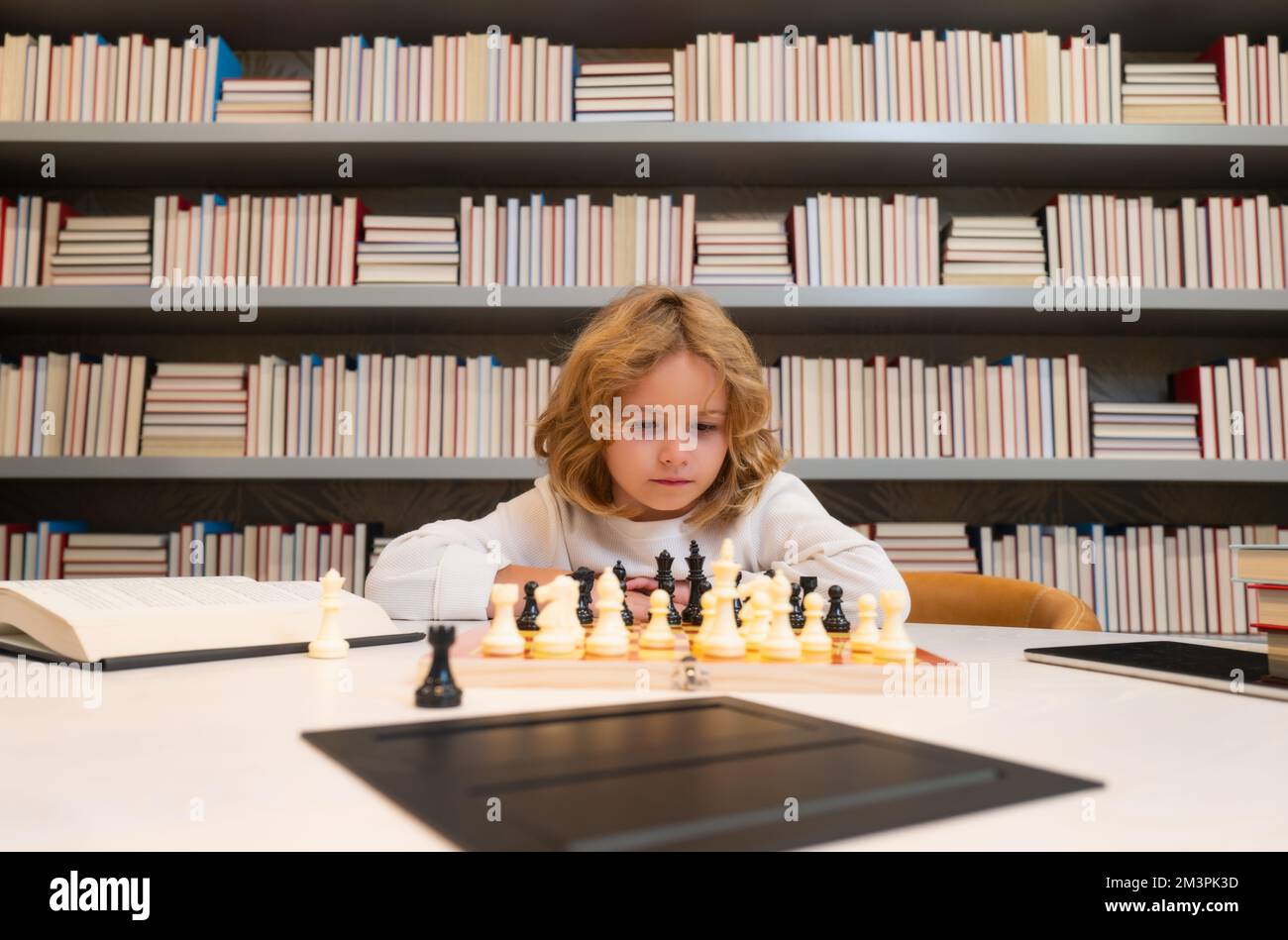 Chess school. Child think or plan about chess game, kids education ...