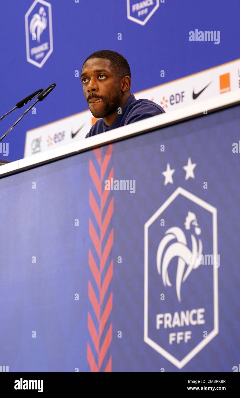 France's Ousmane Dembele during a press conference at Al Sadd SC ...