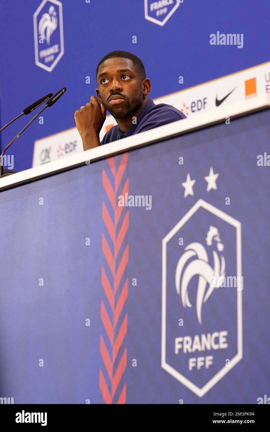 France's Ousmane Dembele during a press conference at Al Sadd SC ...