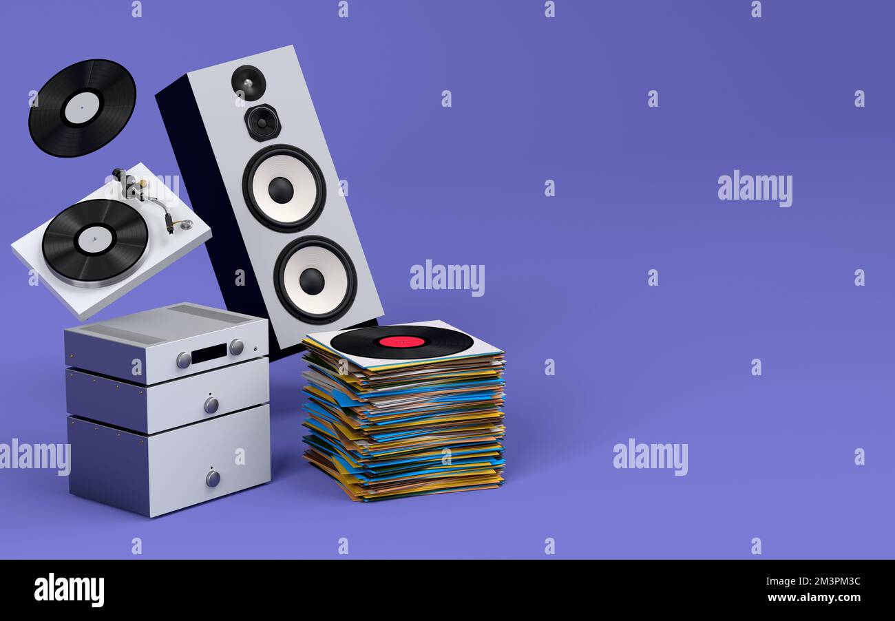 Set of Hi-fi speakers with loudspeakers and DJ turntable with vinyl LP ...