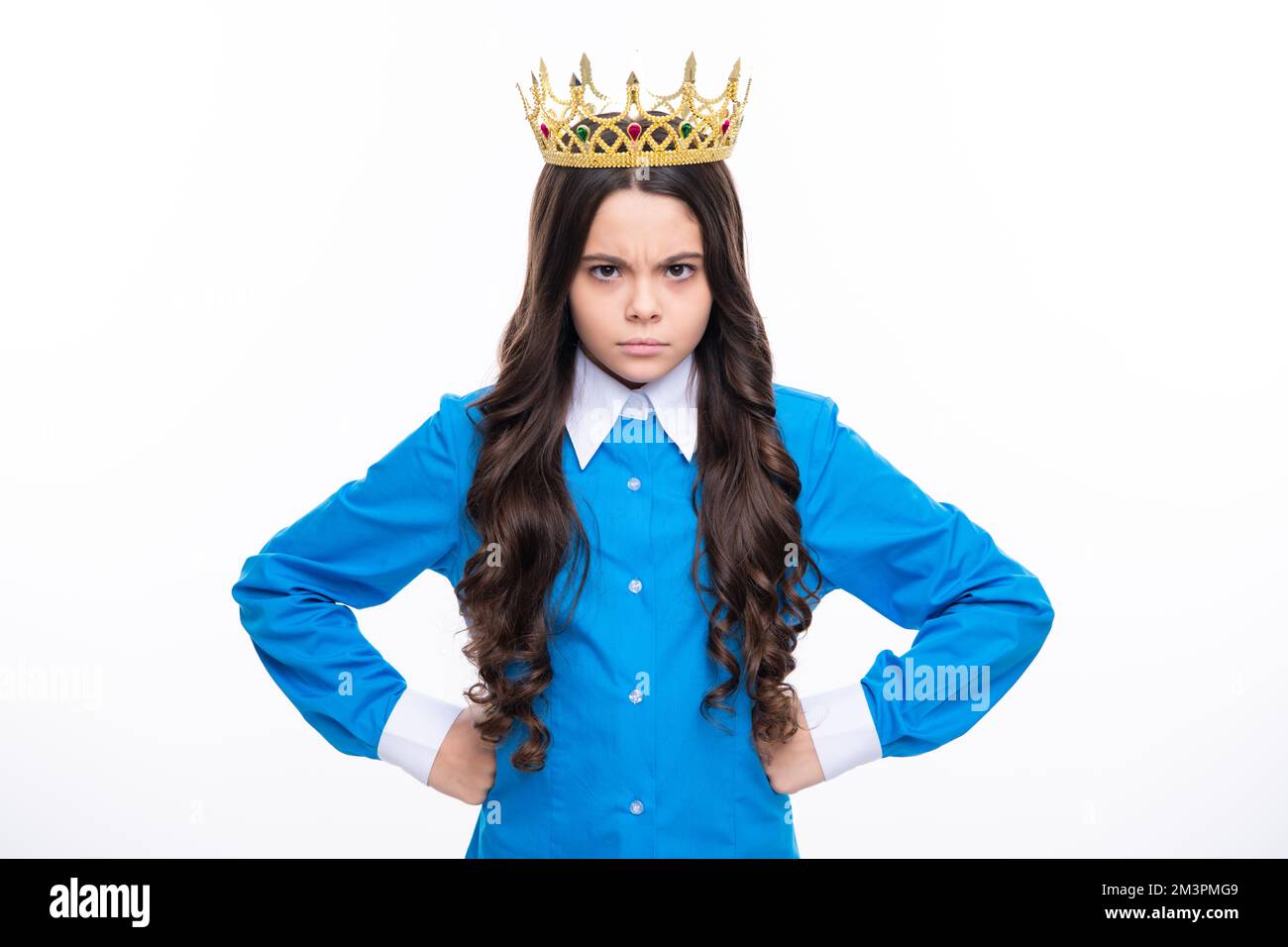 Little queen wearing golden crown. Teenage girl princess holding crown ...