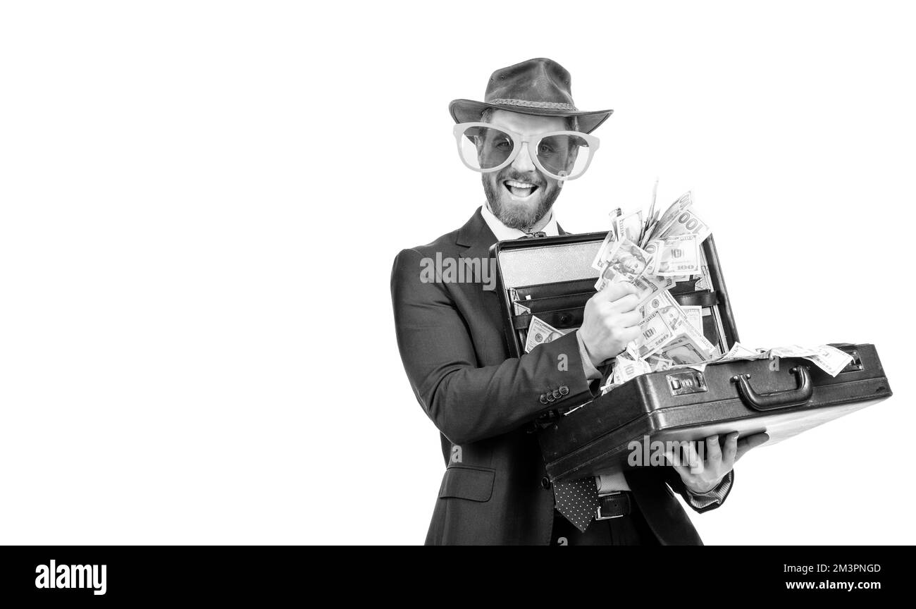 Money makes the man. Happy showman hold suitcase with money. Rich ...