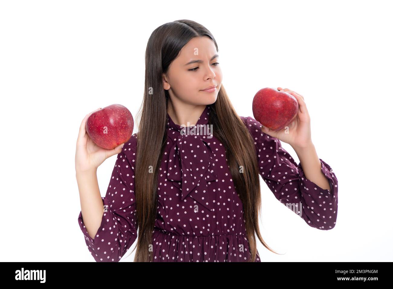 Fresh fruit. Teenager girl hold apples on white isolated studio ...