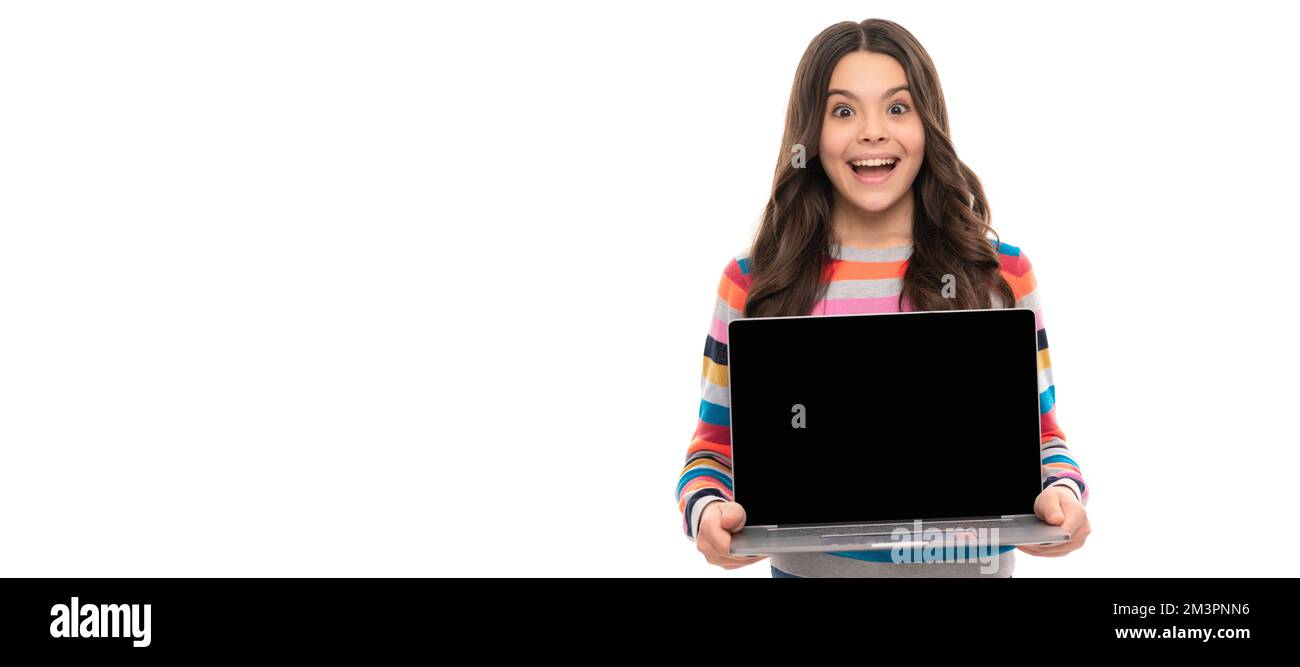 amazed teen girl study online education making presentation on computer ...