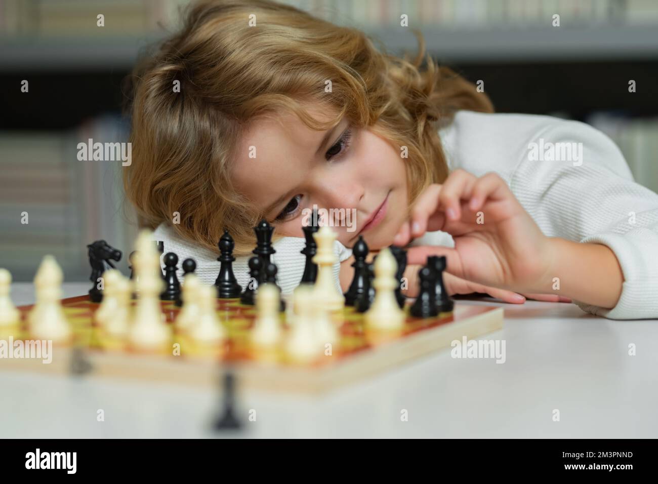Chess school. Child think or plan about chess game, kids education ...