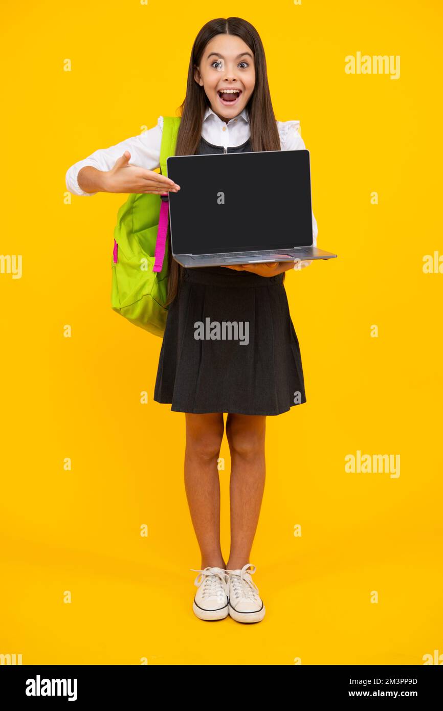 Young girl student, studying hold computer. E-learning concept. Funny ...