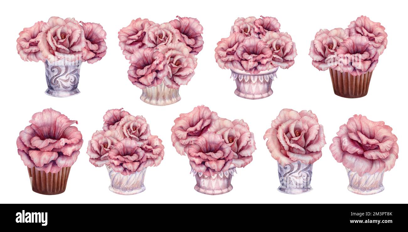 Watercolor hand drawn pink flowers in vases set for wedding, birthday ...