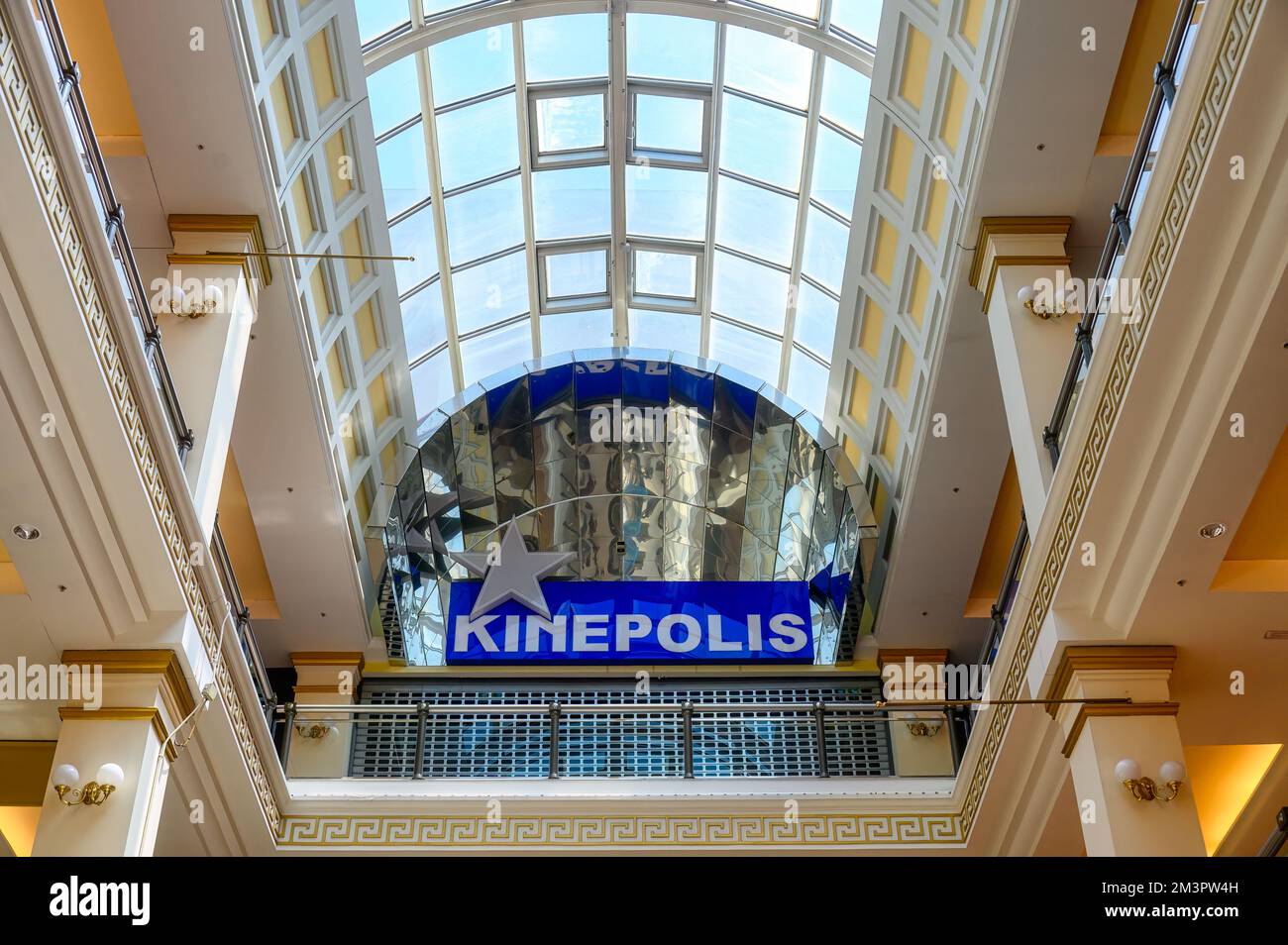 Plaza Mar 2 shopping mall in Alicante, Spain: Sign of Kinepolis and low angle view of the ...