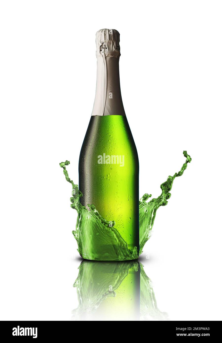 big green bottle with champagne on a white background Stock Photo - Alamy