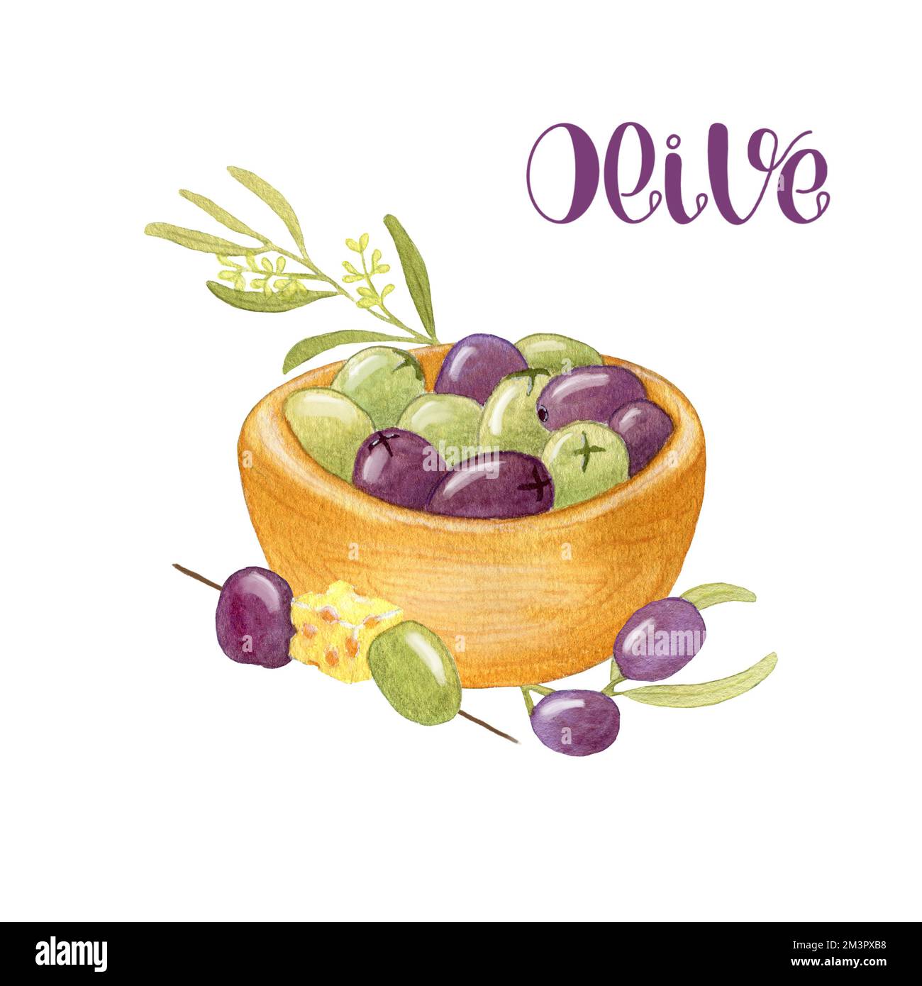 Olives. Green and Purple Olives in a Wooden Bowl and Olive Branhc ...