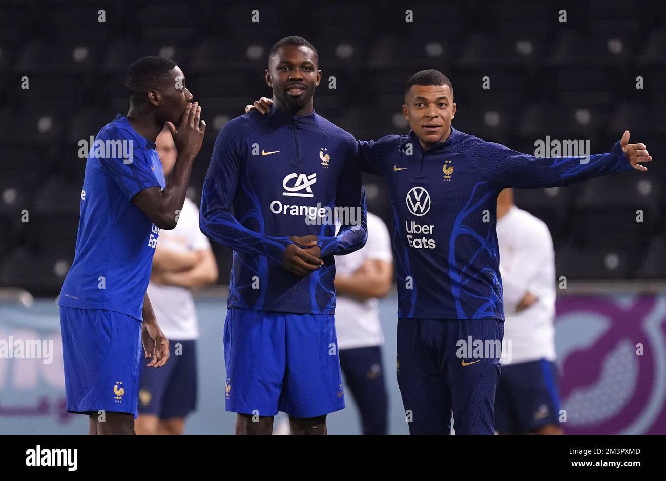 France's Marcus Thuram (centre) and Kylian Mbappe during a training ...