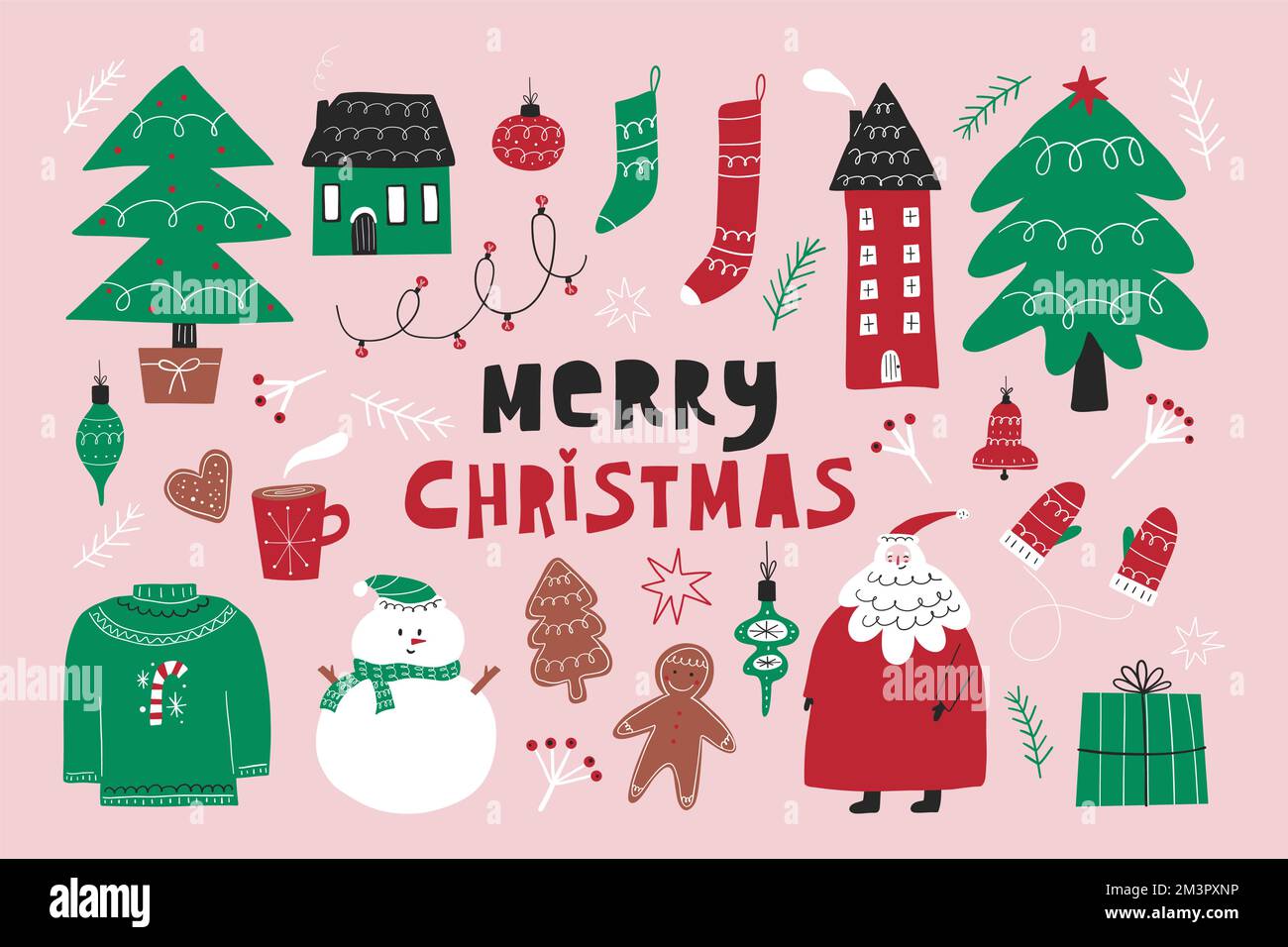 Cozy winter holiday set of Christmas design elements. Cute hygge ...