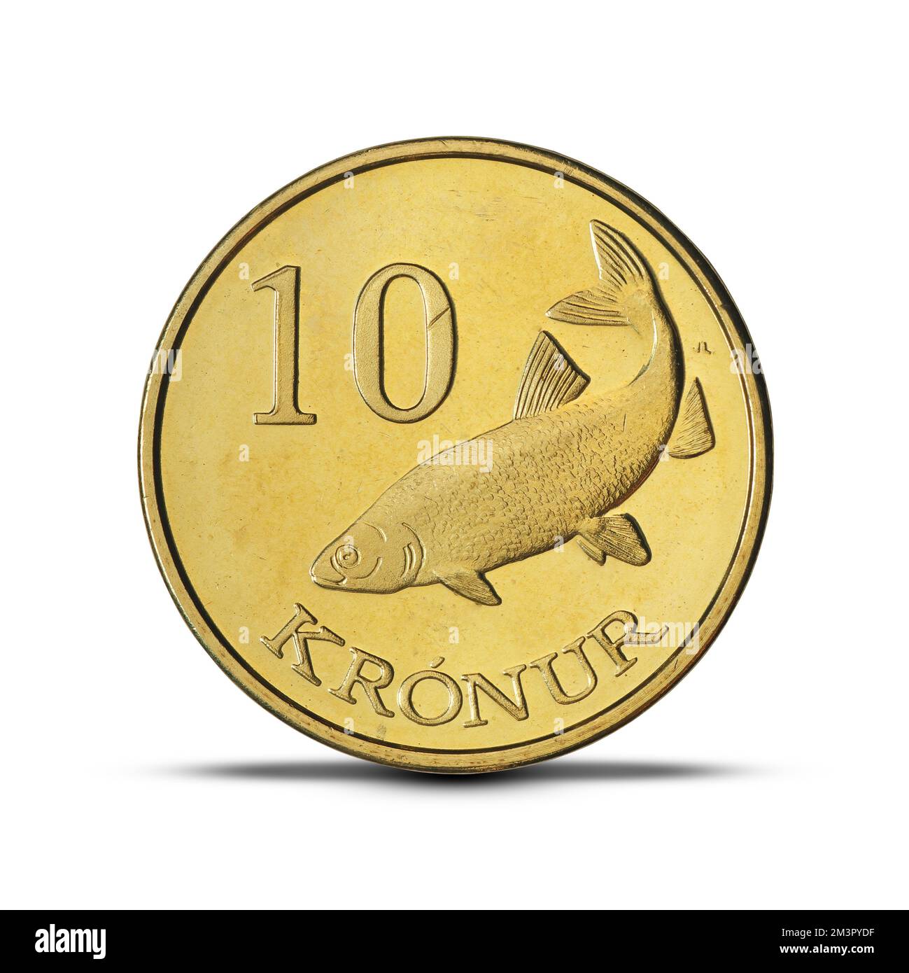 The coin of 10 Kronur Faroe Islands from 2011 on a white background ...