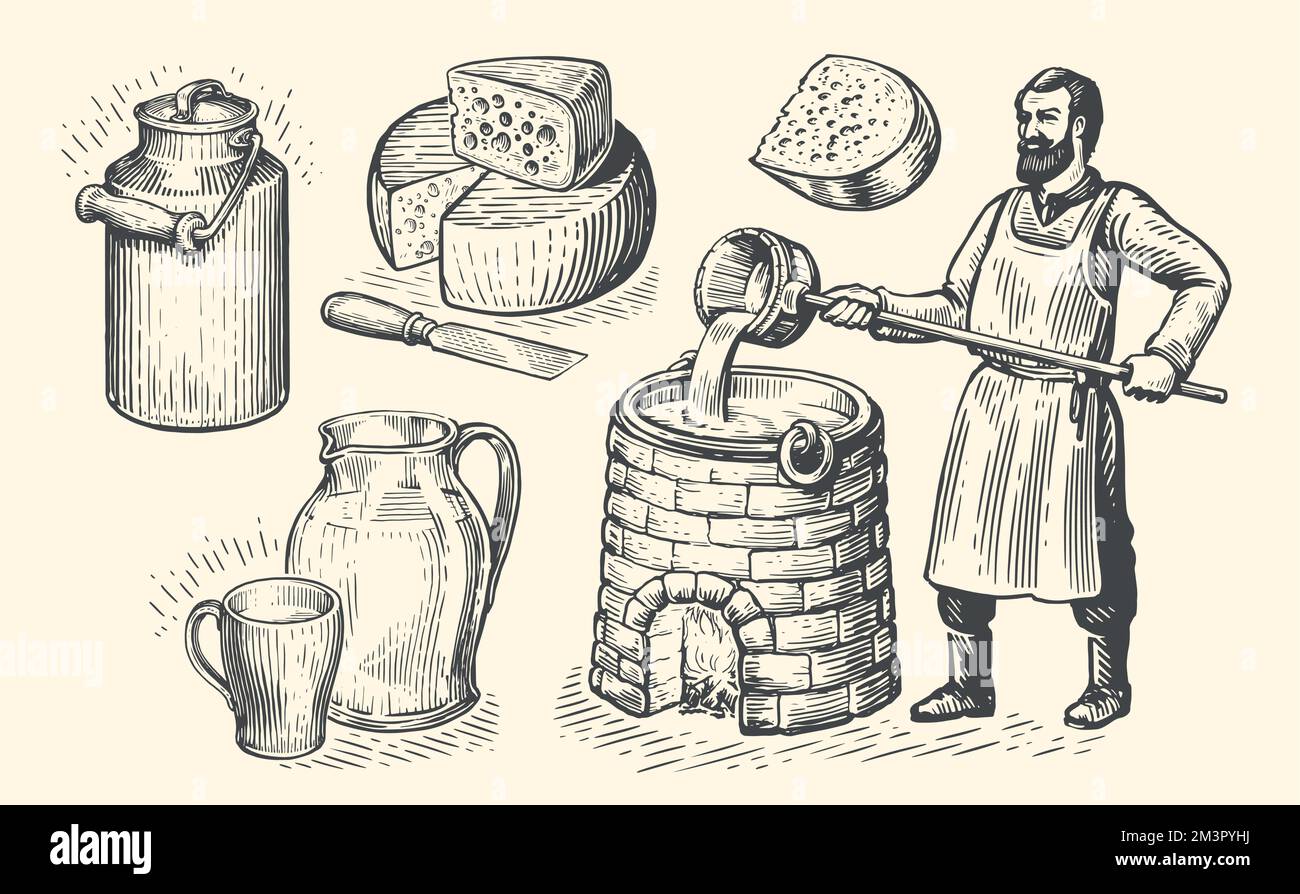 Butter and cheese production concept. Farm worker making organic dairy ...